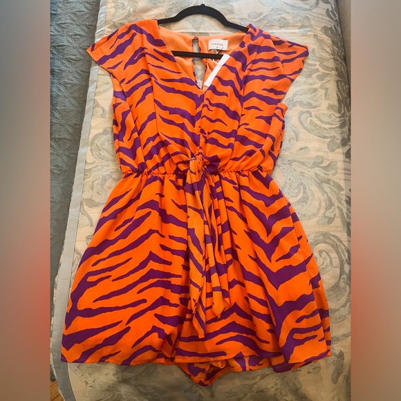 Adrienne | Pants & Jumpsuits | Orange And Purple Tiger Striped Romper ...